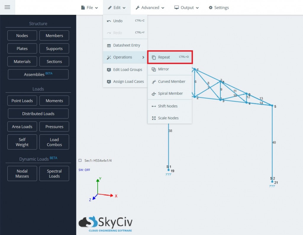 Operations (Structural 3D) | SkyCiv Cloud Structural Analysis Software
